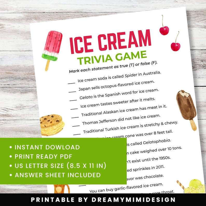 Ice Cream Trivia Game | Printable Summer Party Game for Kids & Adults ...