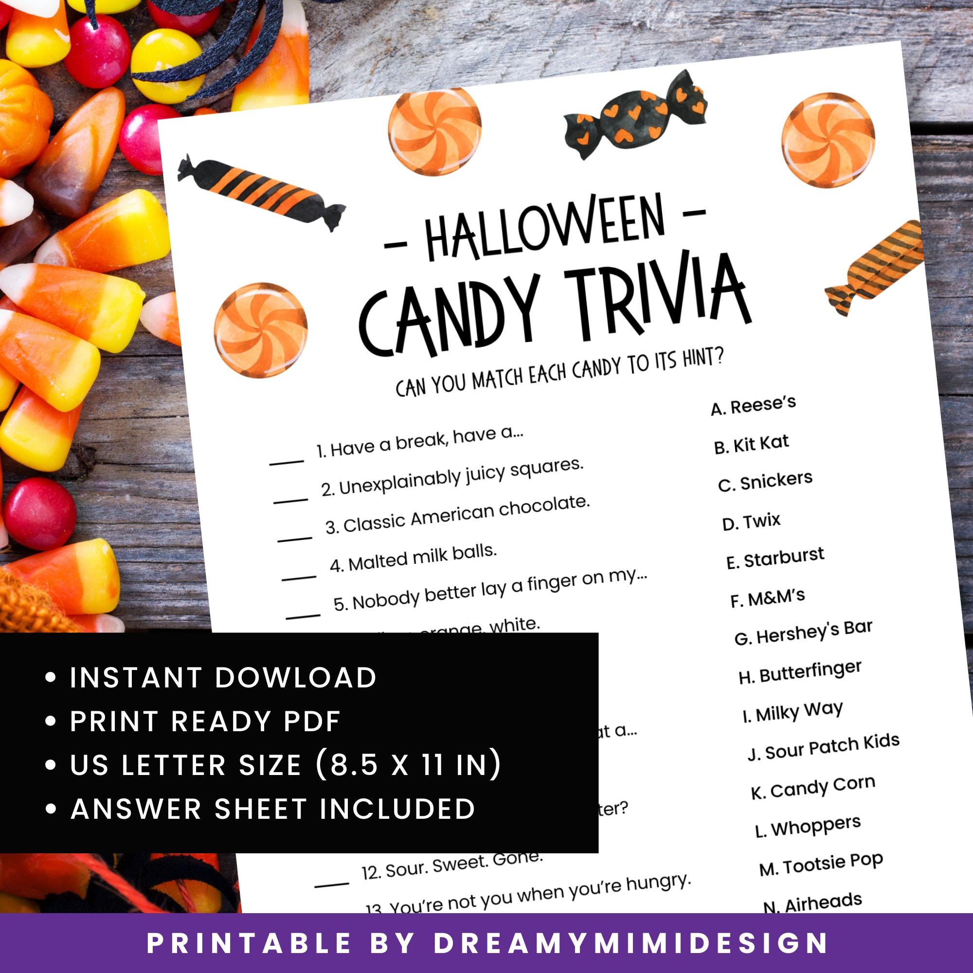 Halloween Candy Match Trivia Game | Printable Halloween Activity for ...
