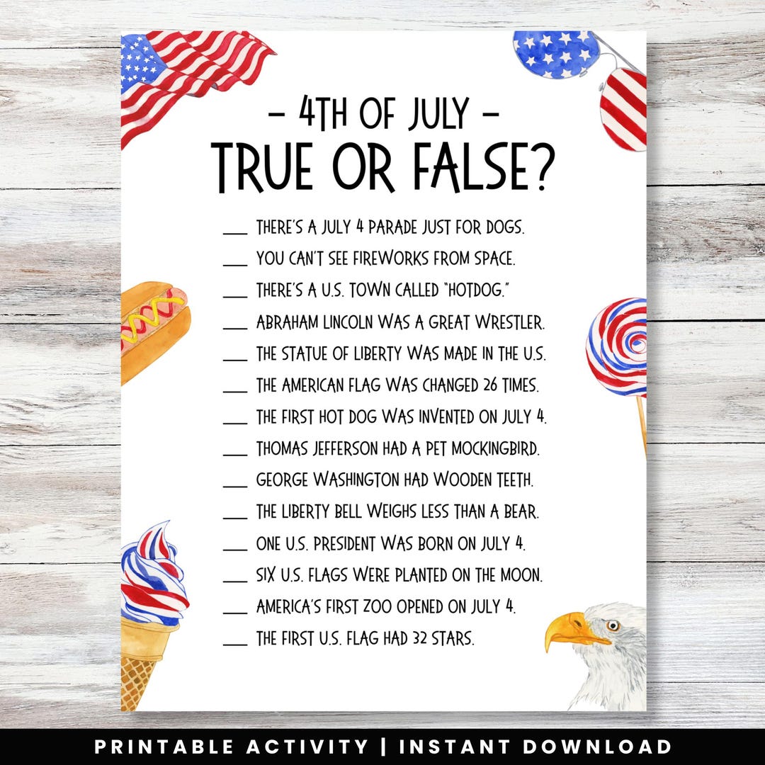 4th of July Trivia Game, Printable USA True or False Quiz, Family 4th ...