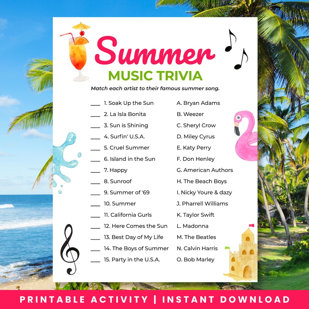 Summer Music Trivia Game Printable | Fun Summer Party Game | Music Quiz ...