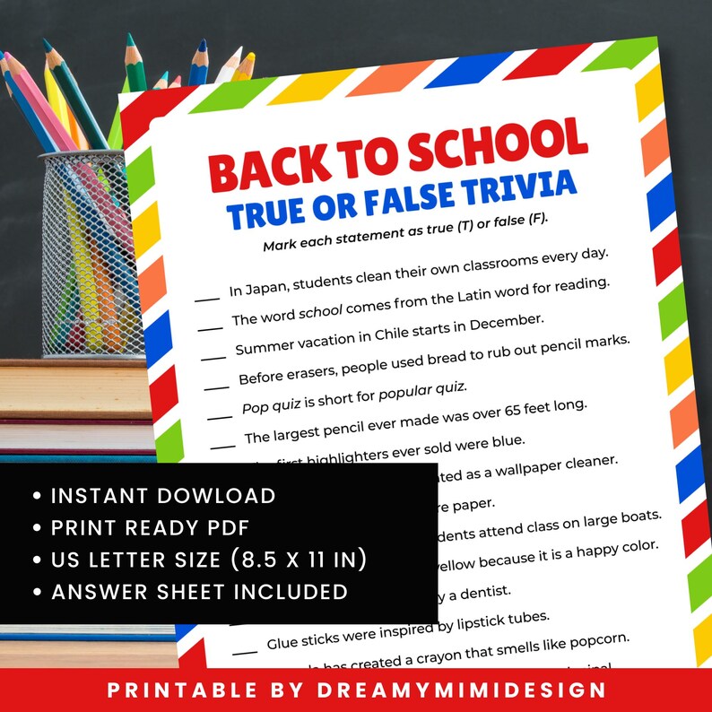 Back to School Printable Trivia Game | Fun Classroom Game for Kids ...