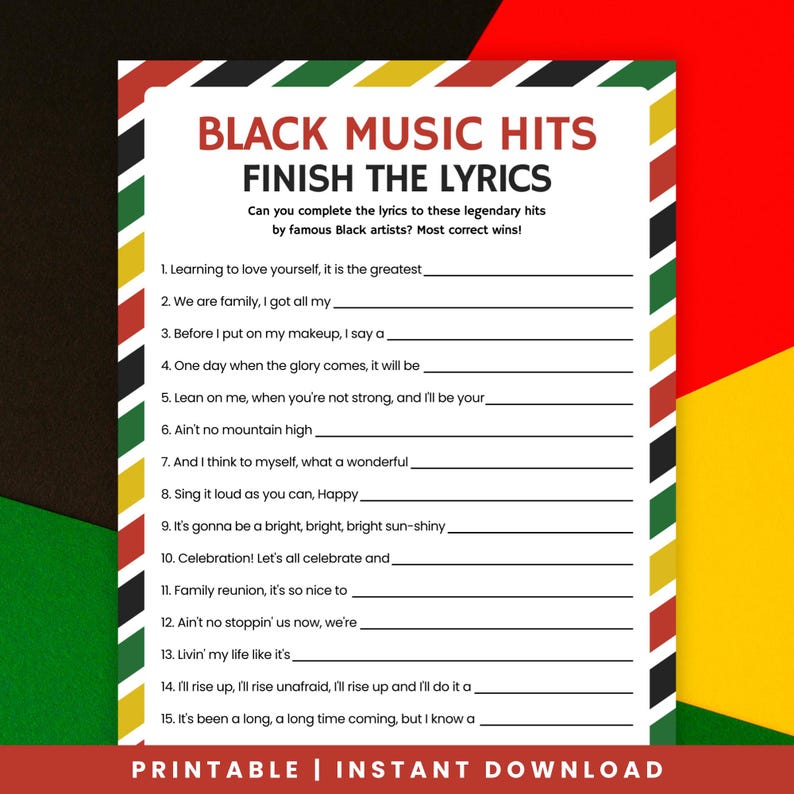 Black History Month Finish the Lyrics, PRINTABLE Music Quiz, Black ...