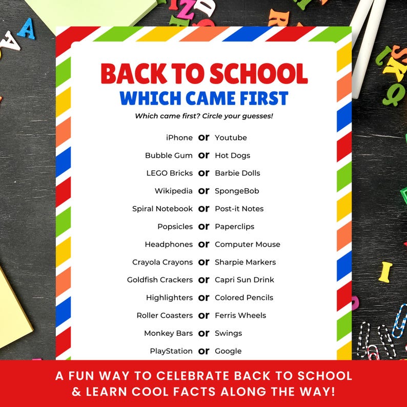 Back to School Printable Trivia Game – Which Came First | Fun First Day ...