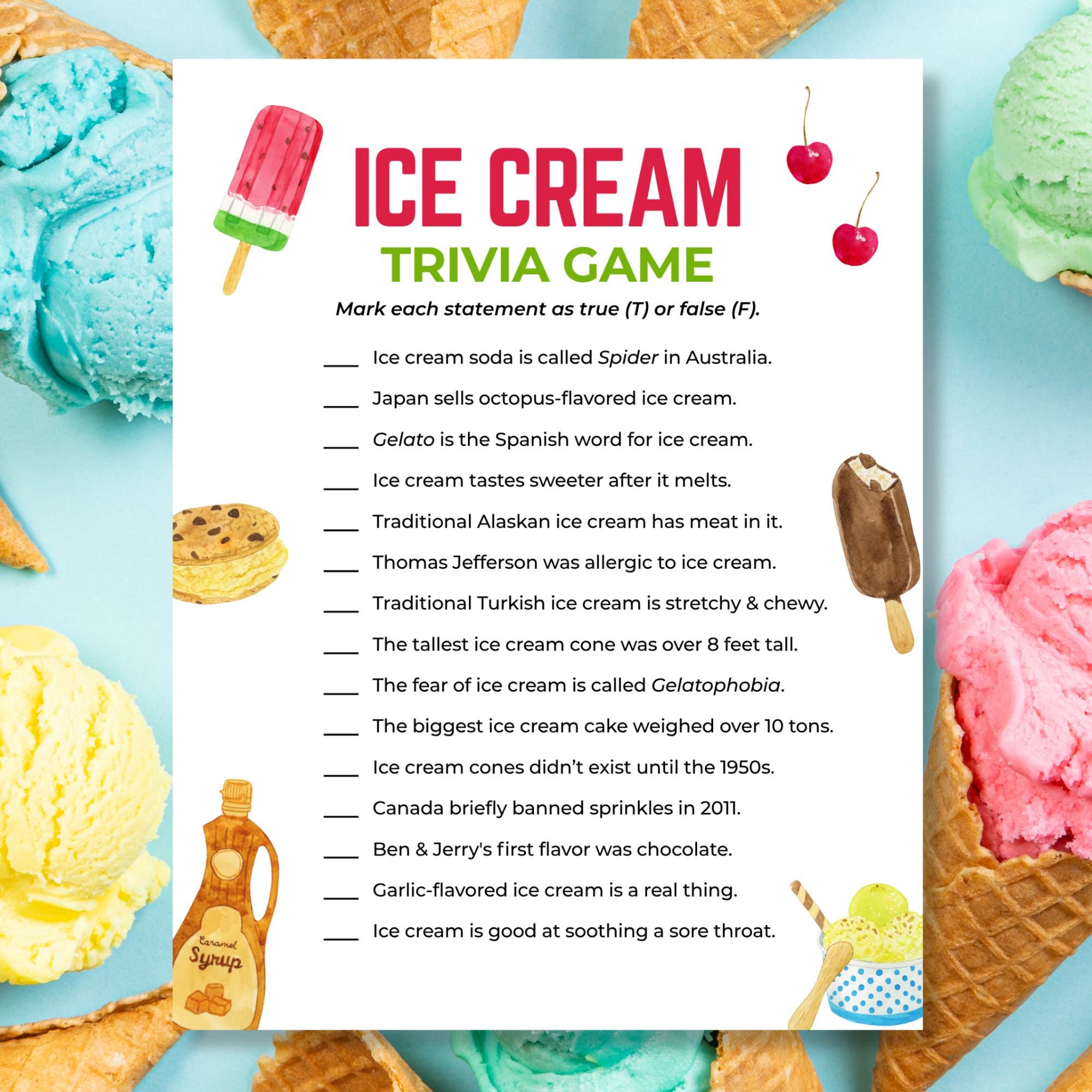 Ice Cream Trivia Game | Printable Summer Party Game for Kids & Adults ...
