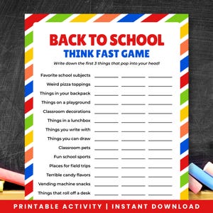 Back to School Think Fast Game | Back to School Printable Activities ...