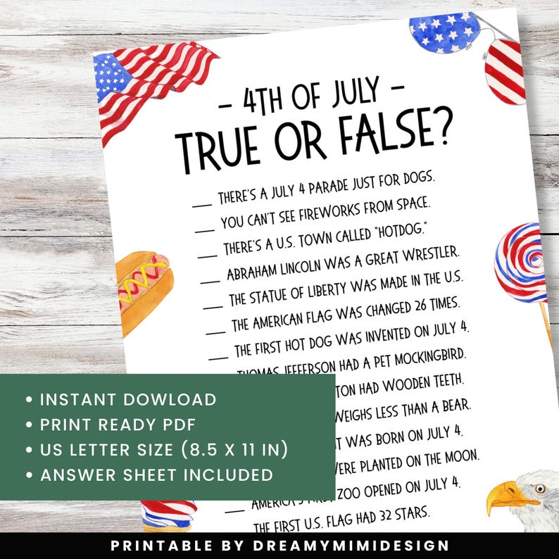 4th of July Trivia Game, Printable USA True or False Quiz, Family 4th ...