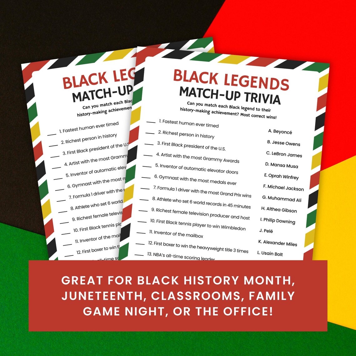 Black History Month Trivia, PRINTABLE Black Legends Matching Game for ...