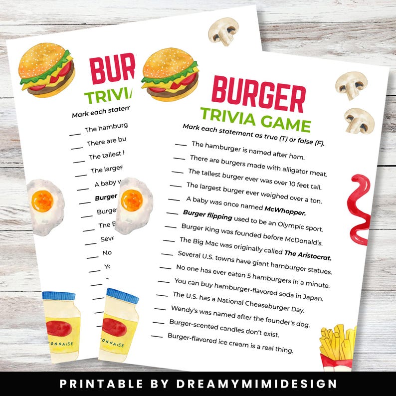 July 4th Burger Trivia Game Printable | Summer BBQ Party Game | Food ...