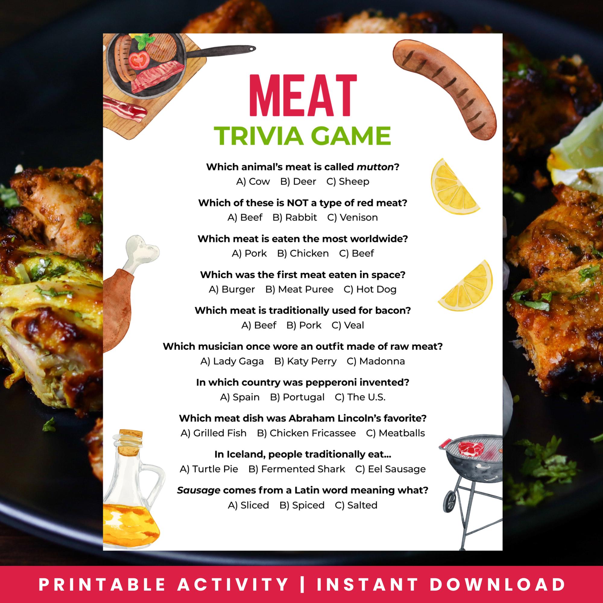 Meat Trivia Game | Printable BBQ Party Game | Office Summer Party ...