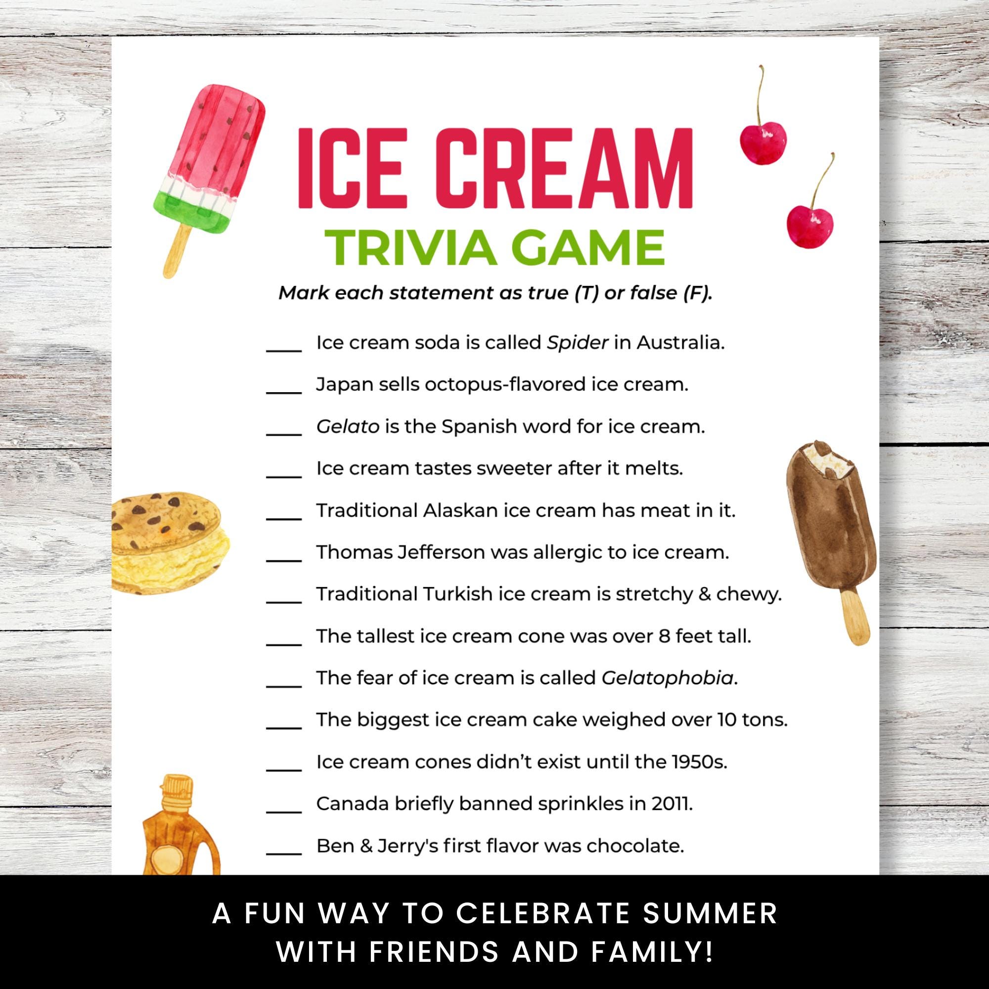 Ice Cream Trivia Game | Printable Summer Party Game for Kids & Adults ...