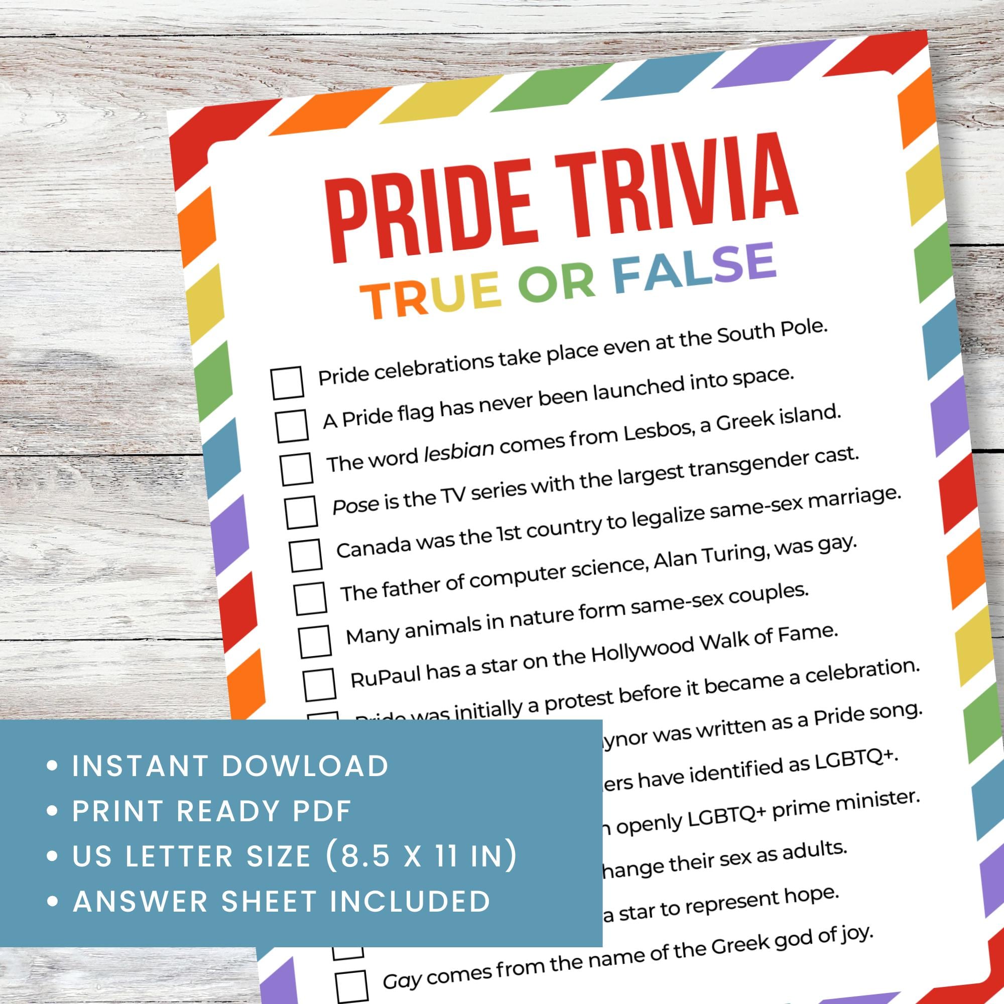Pride Trivia Game Printable, LGBTQ+ True or False Party Game, Pride ...