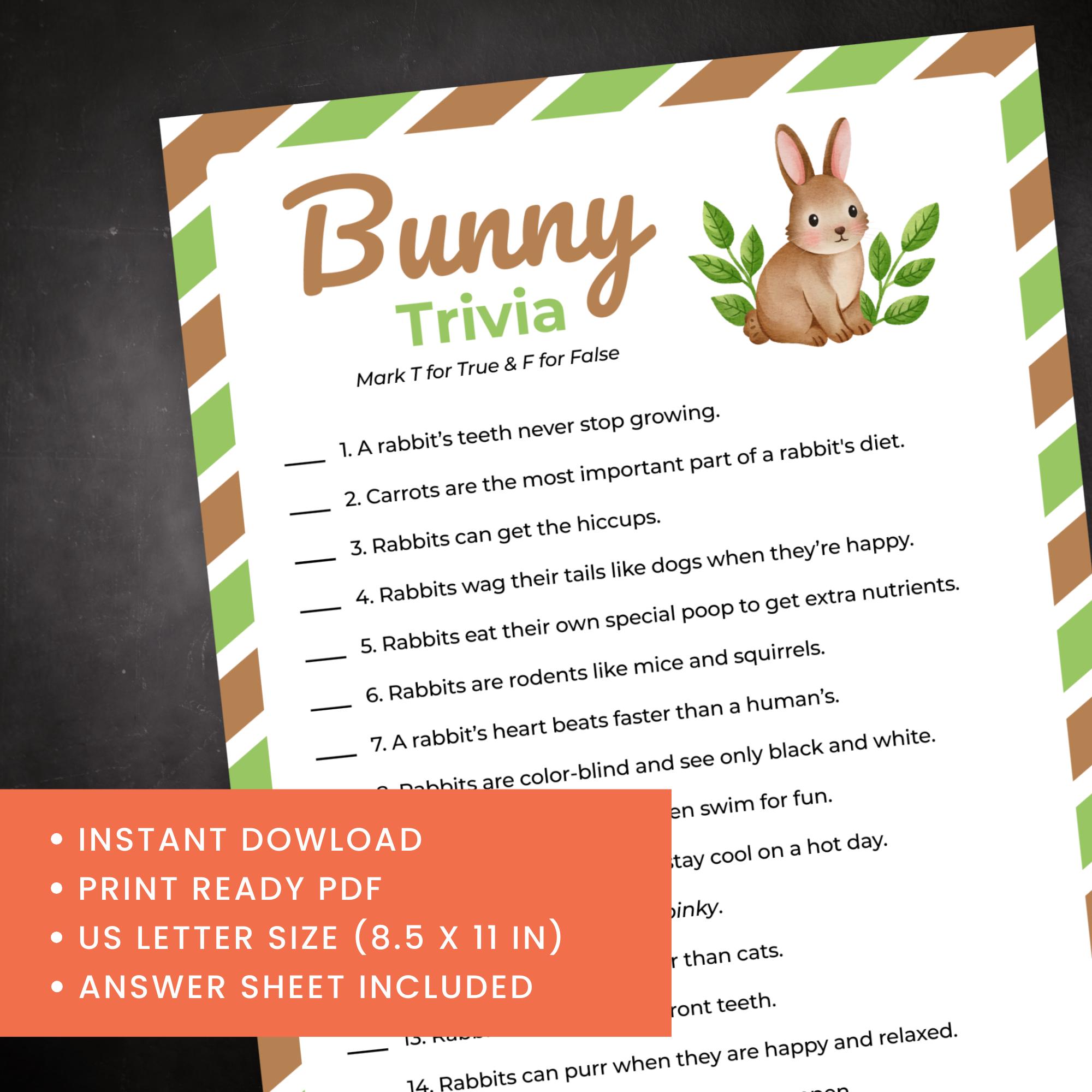 Bunny Trivia, PRINTABLE Quiz for Your Easter Celebration or Bunny Theme ...