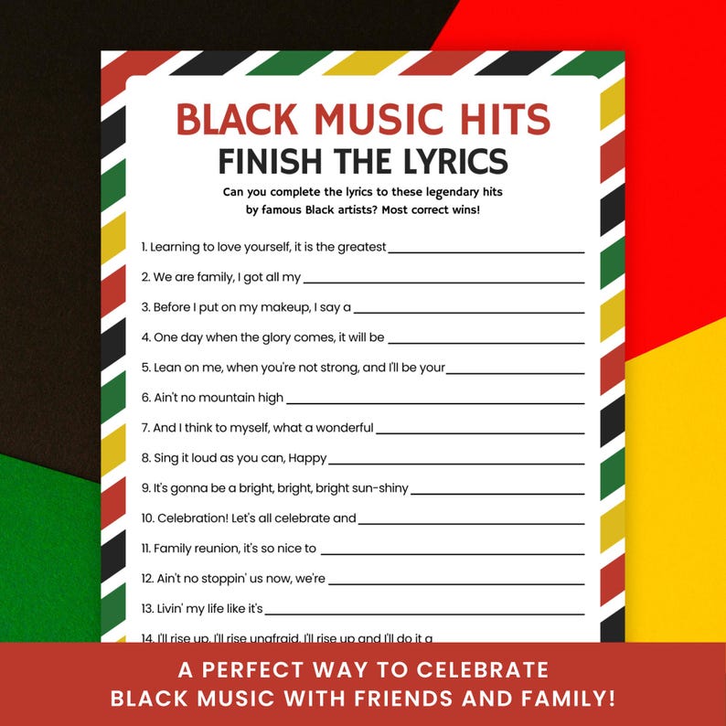 Black History Month Finish the Lyrics, PRINTABLE Music Quiz, Black ...