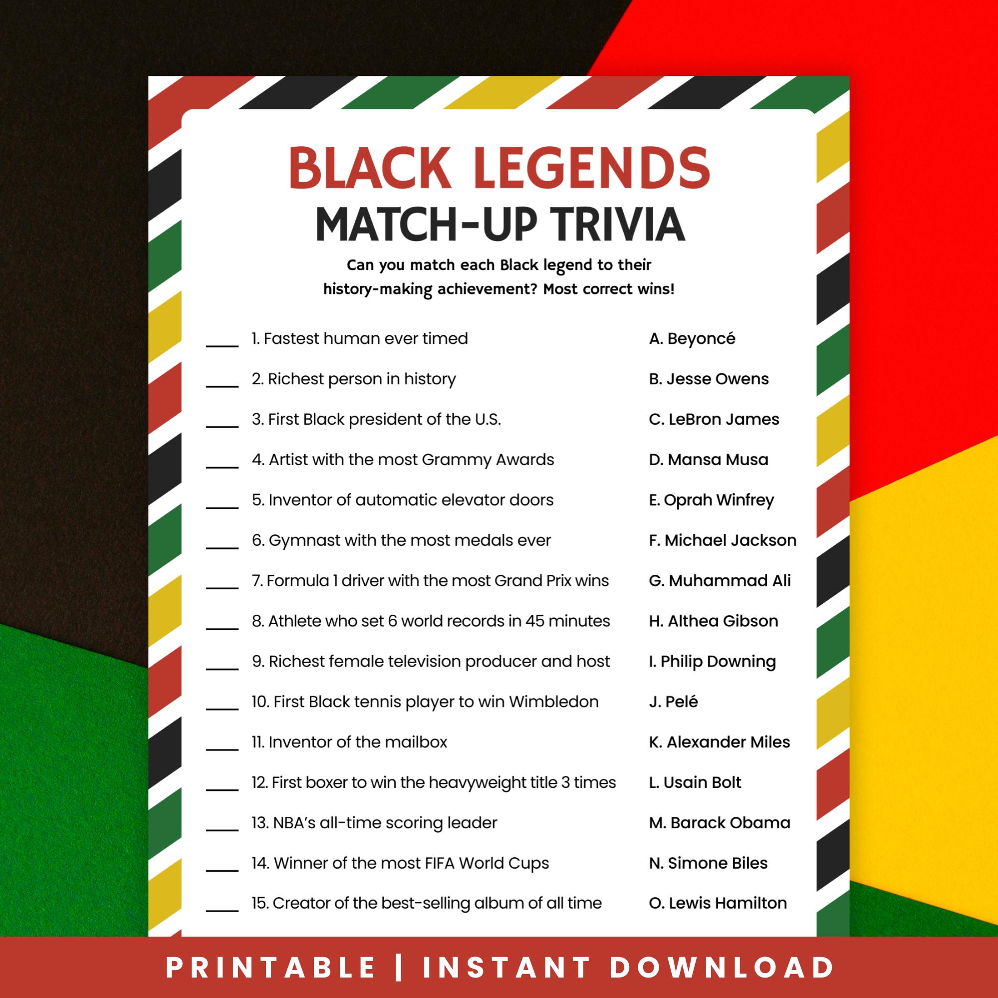 Black History Month Trivia, PRINTABLE Black Legends Matching Game for ...