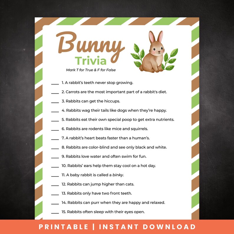 Bunny Trivia, PRINTABLE Quiz for Your Easter Celebration or Bunny Theme ...