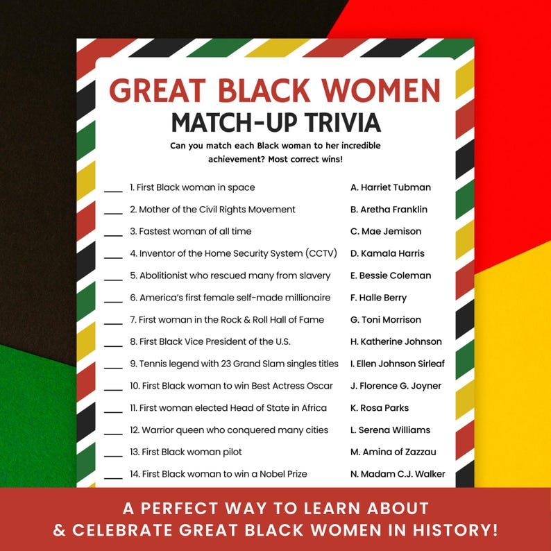 Black History Month Trivia, Famous Black Women Quiz, PRINTABLE Matching ...