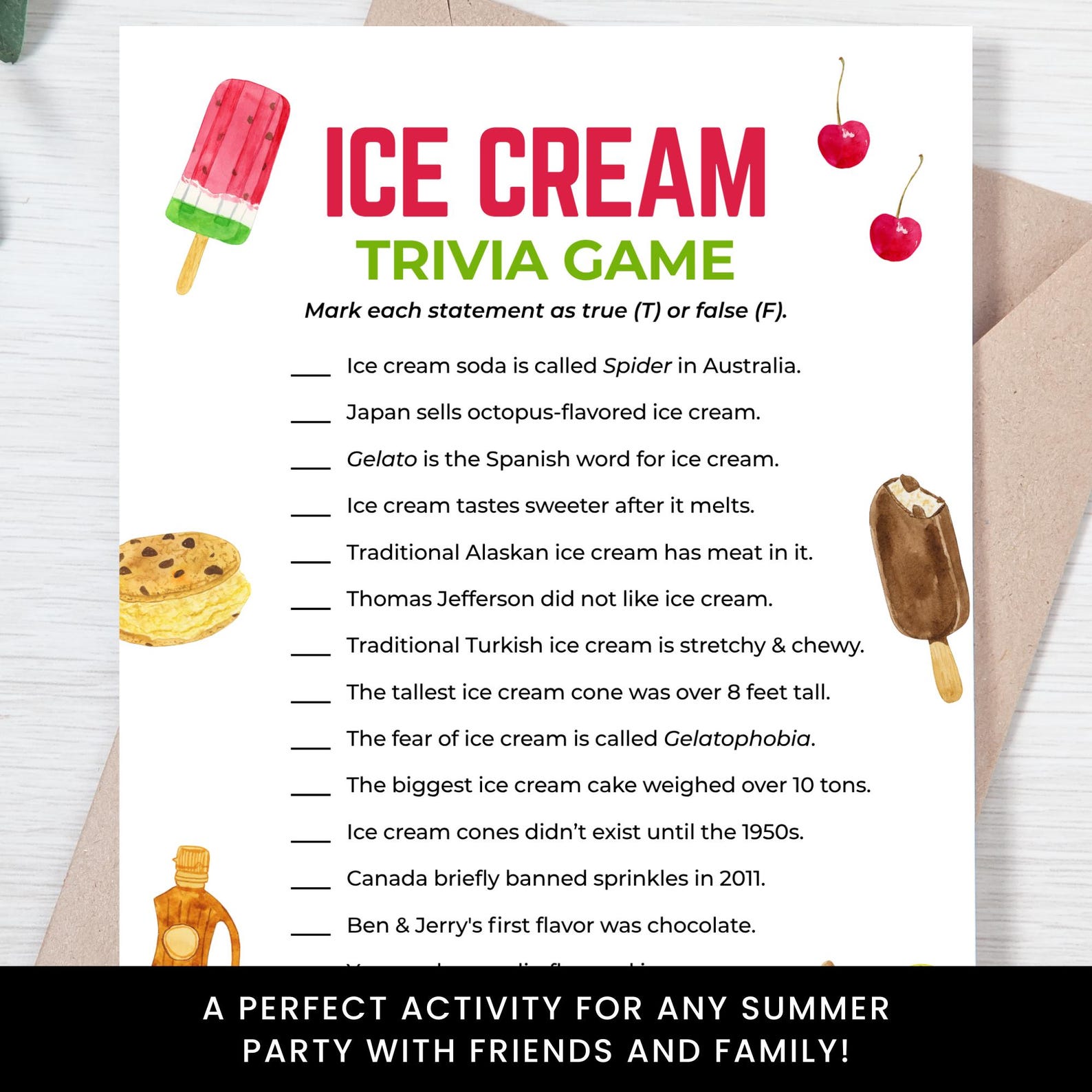 Ice Cream Trivia Game | Printable Summer Party Game for Kids & Adults ...