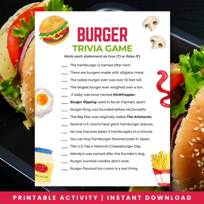 July 4th Burger Trivia Game Printable | Summer BBQ Party Game | Food ...