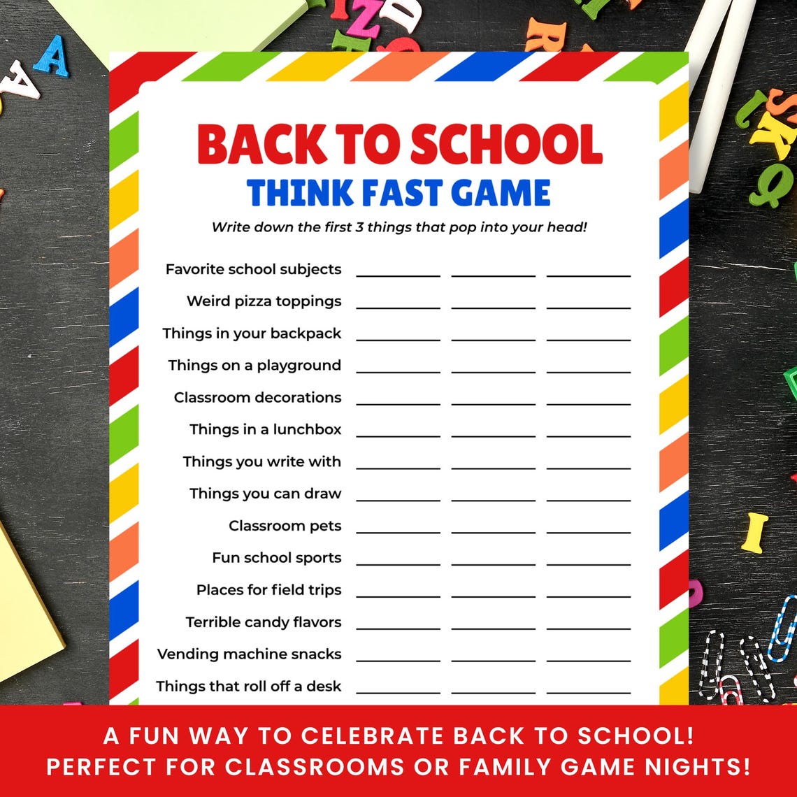 Back to School Think Fast Game | Back to School Printable Activities ...
