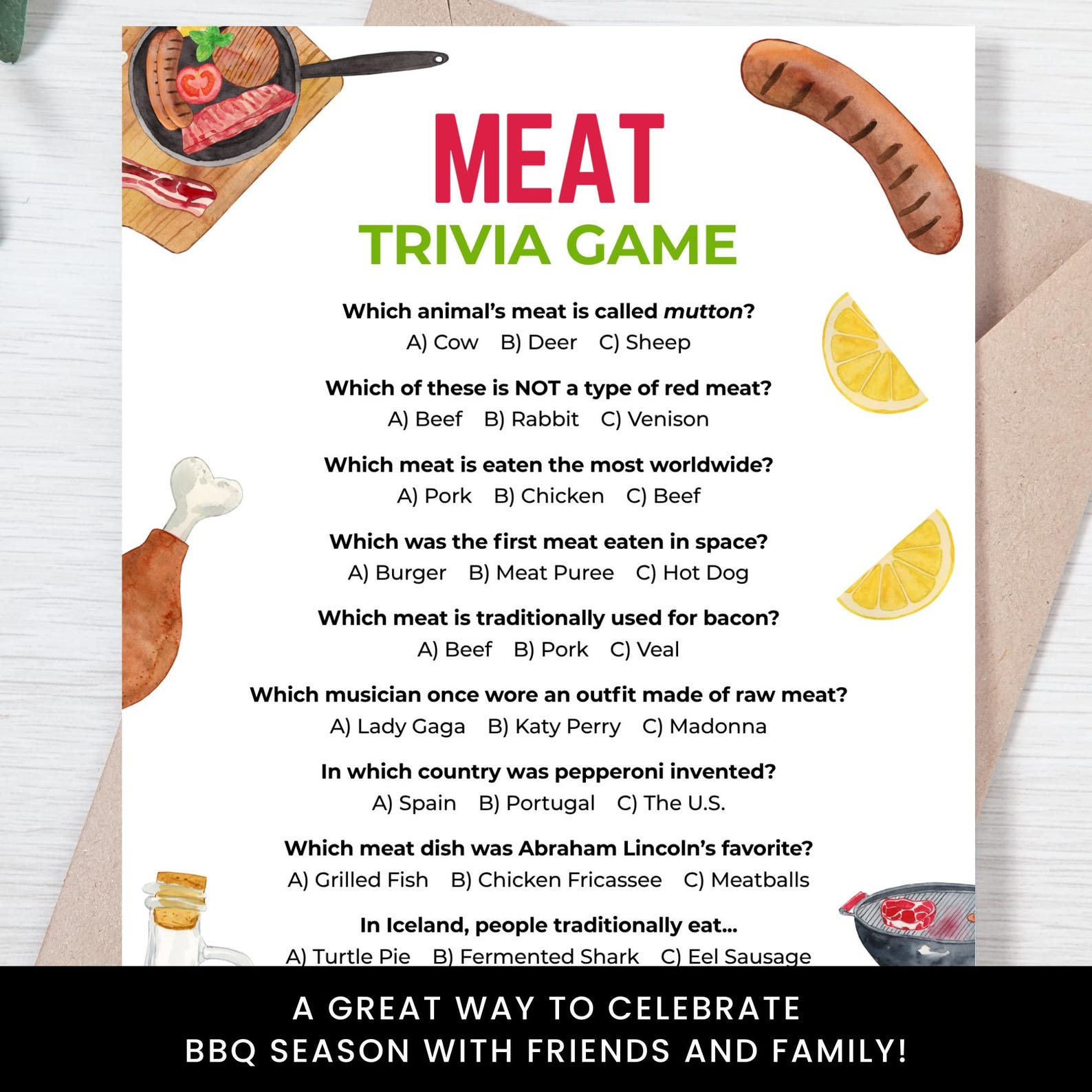 Meat Trivia Game | Printable BBQ Party Game | Office Summer Party ...