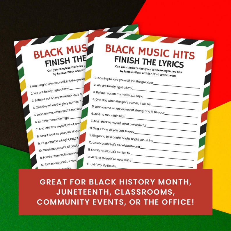 Black History Month Finish the Lyrics, PRINTABLE Music Quiz, Black ...