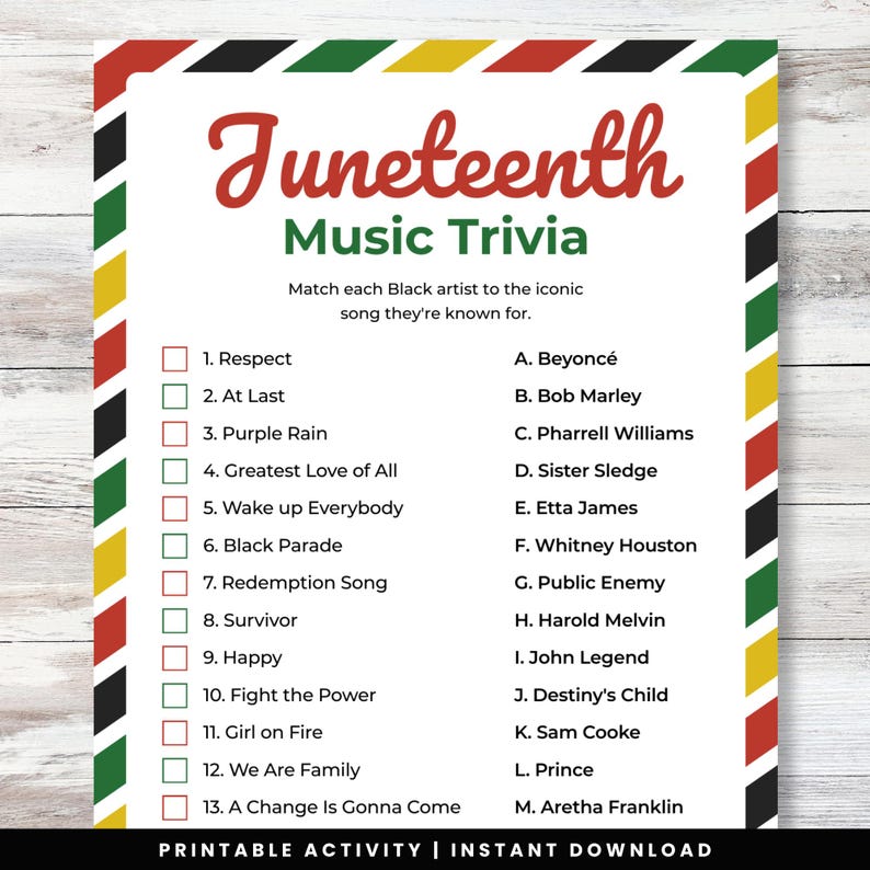 Juneteenth Music Trivia Game, Freedom Day Printable, Juneteenth Song ...