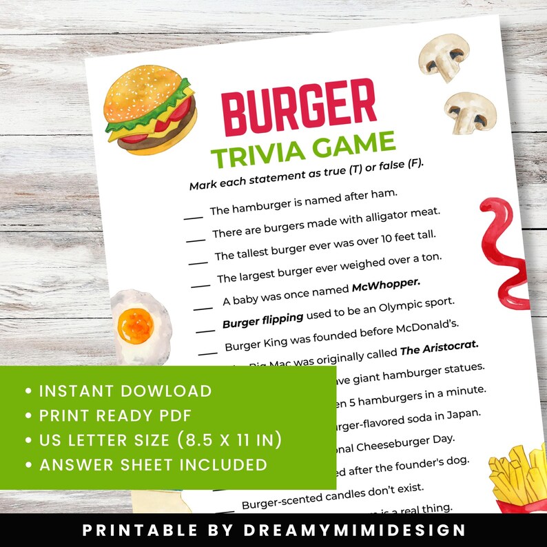 July 4th Burger Trivia Game Printable | Summer BBQ Party Game | Food ...