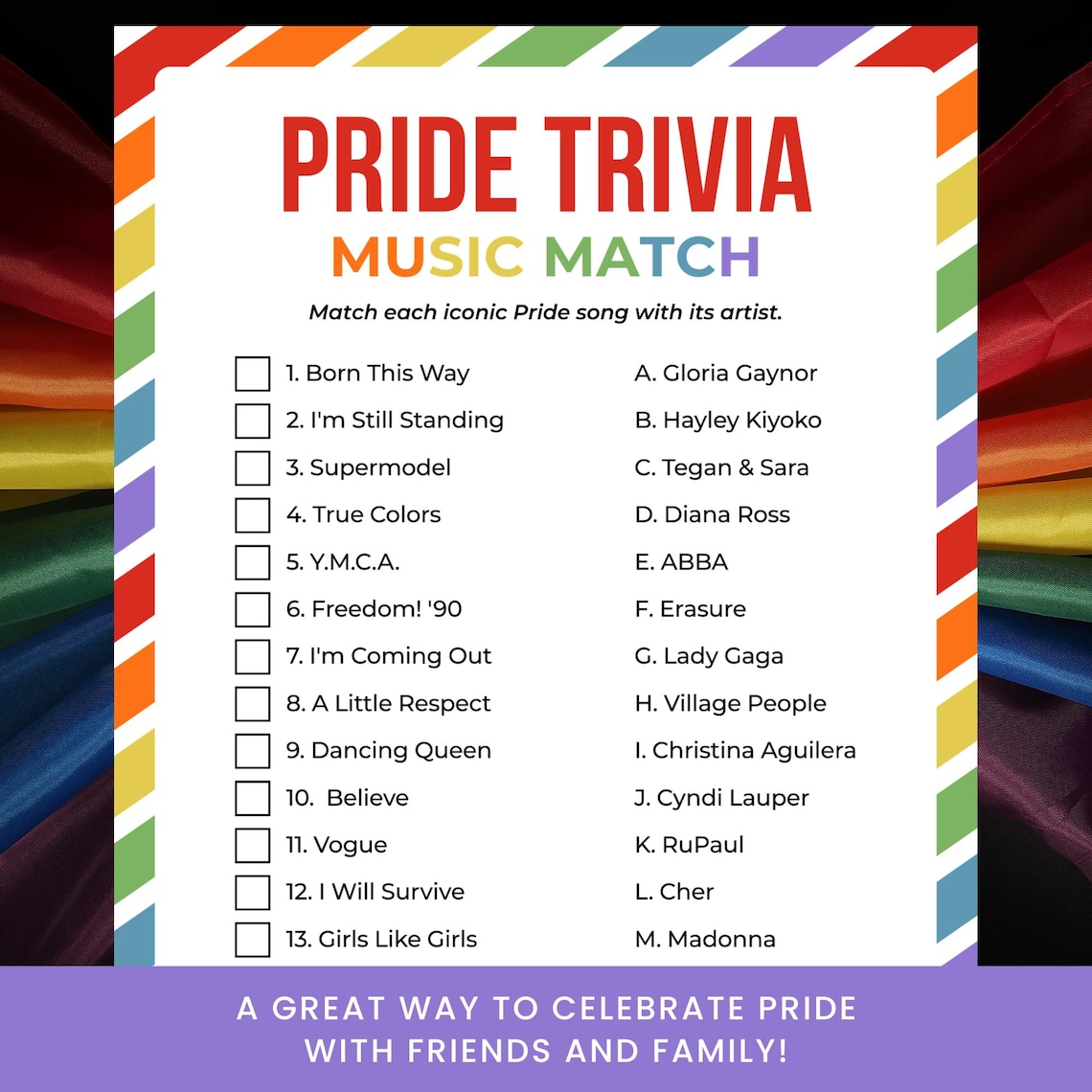 Pride Month Music Trivia Game, Fun Pride Quiz, LGBTQ+ Printable Party ...