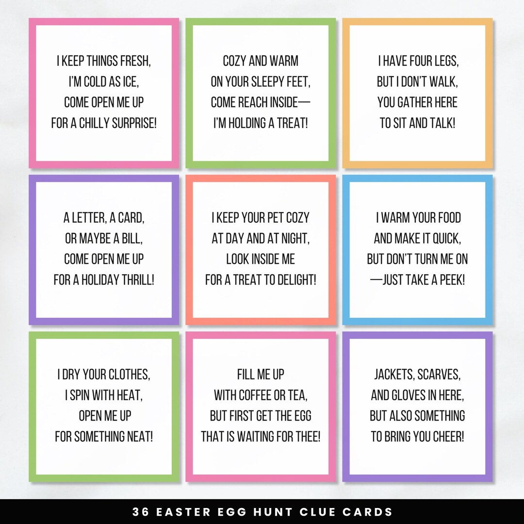 Easter Egg Hunt Game, Indoor Easter Egg Hunt Clues, Easter Printable ...