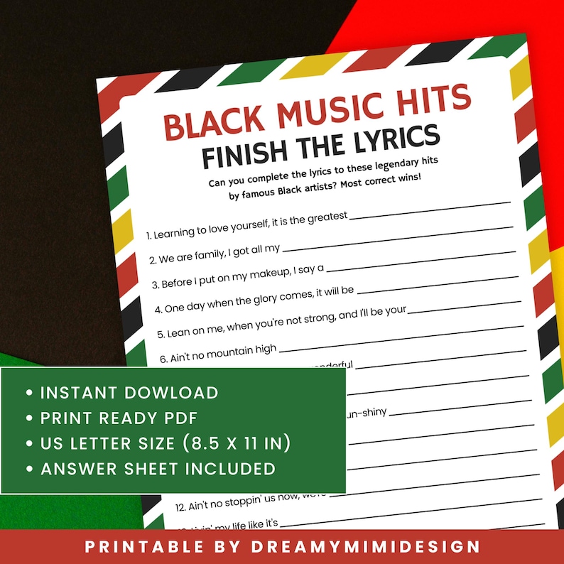 Black History Month Finish the Lyrics, PRINTABLE Music Quiz, Black ...