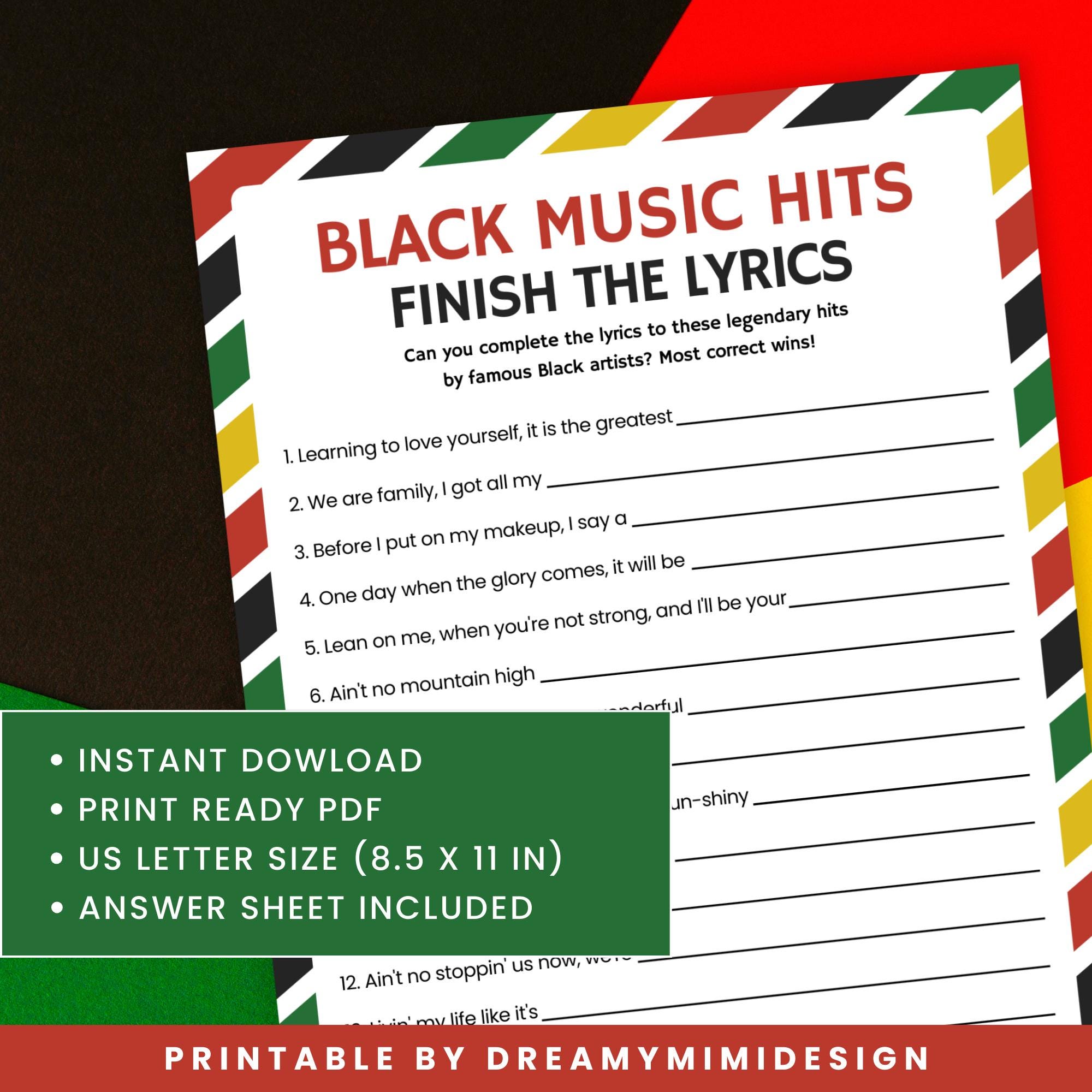Black History Month Finish the Lyrics, PRINTABLE Music Quiz, Black ...