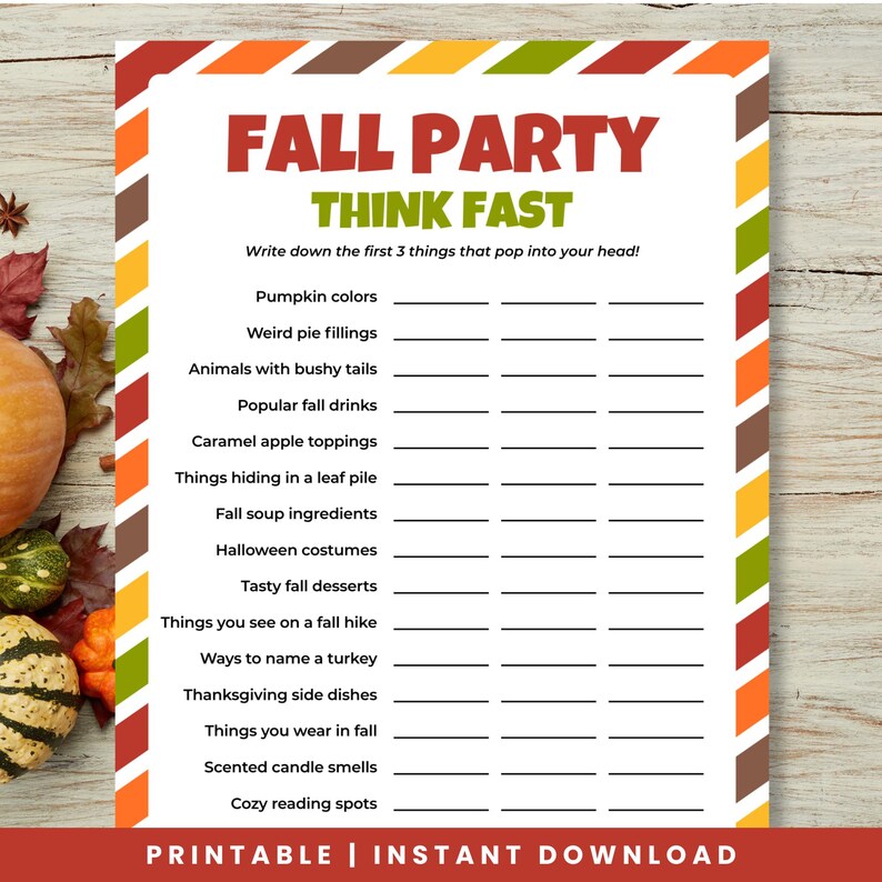 Printable Fall Party Game — Autumn Think Fast Activity for Kids, Adults ...
