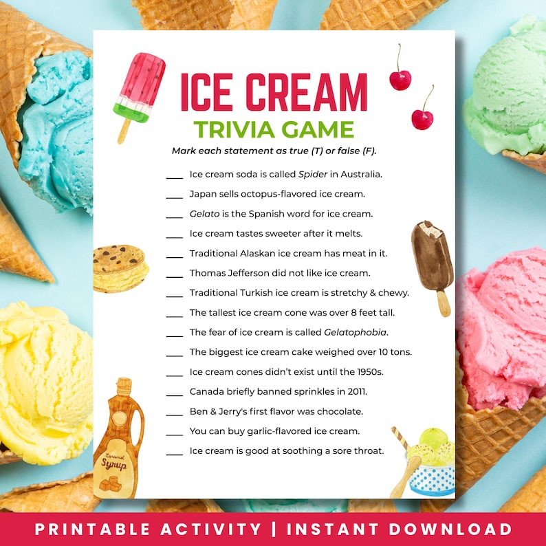 Ice Cream Trivia Game | Printable Summer Party Game for Kids & Adults ...