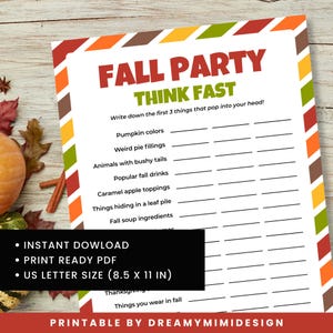 Printable Fall Party Game — Autumn Think Fast Activity for Kids, Adults ...