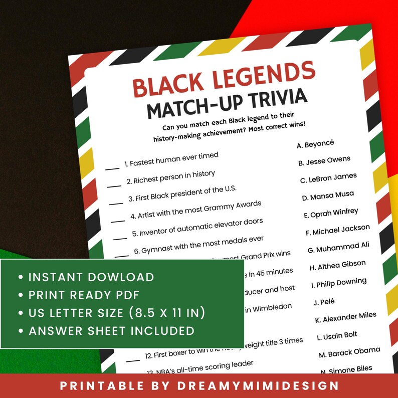 Black History Month Trivia, PRINTABLE Black Legends Matching Game for ...