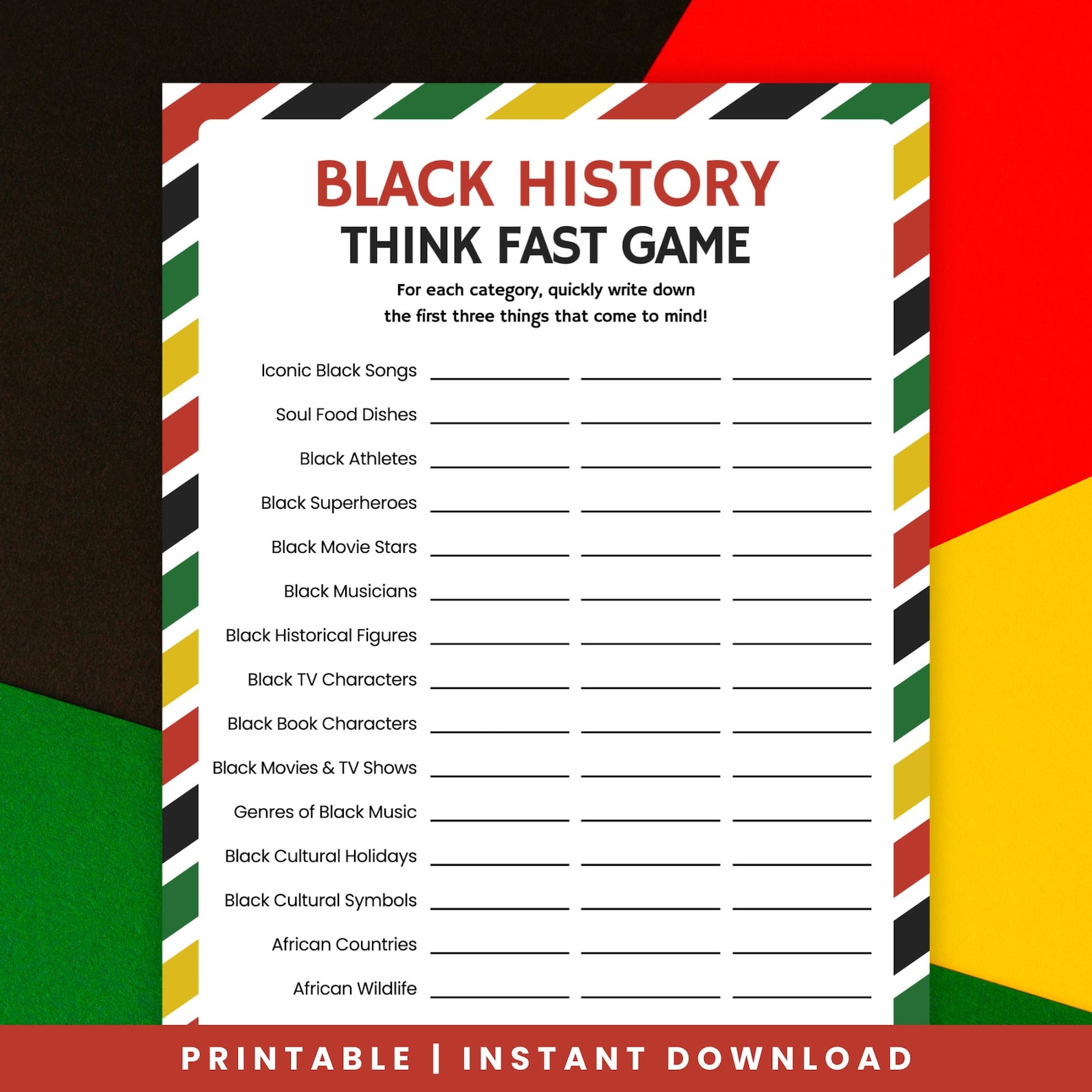 Black History Think Fast Game, PRINTABLE Black History Month Activity ...