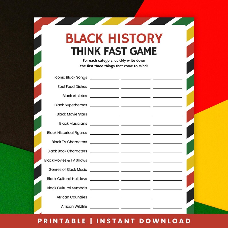 Black History Think Fast Game, PRINTABLE Black History Month Activity ...