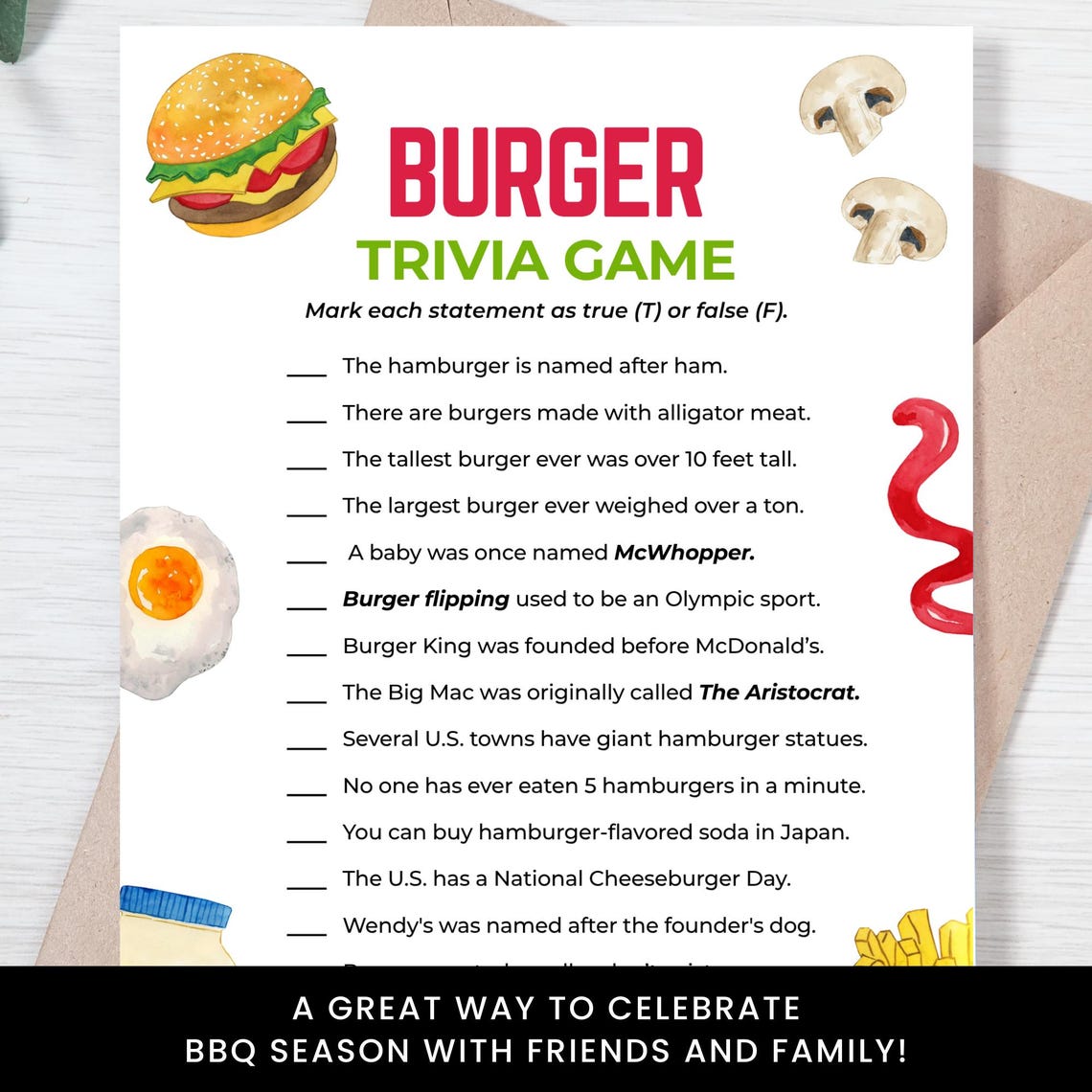 July 4th Burger Trivia Game Printable | Summer BBQ Party Game | Food ...