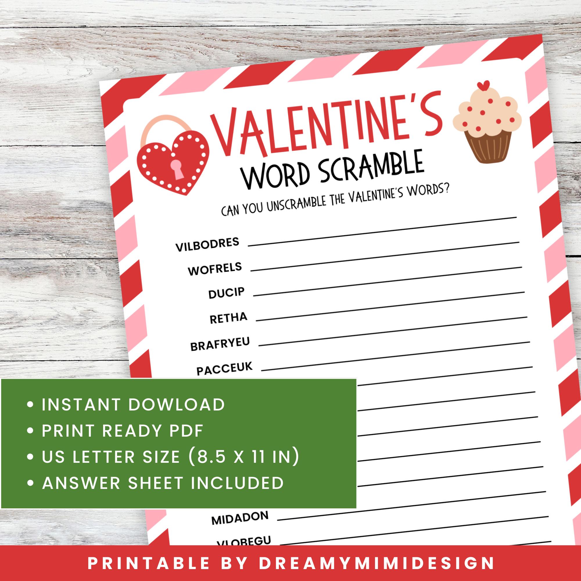 Valentine Word Scramble With Answers | PRINTABLE Word Game for Kids ...