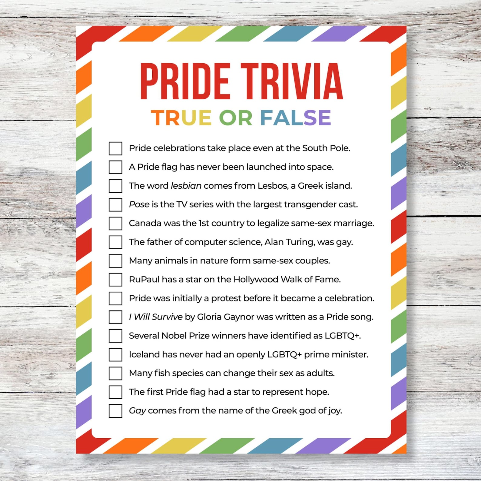 Pride Trivia Game Printable, LGBTQ+ True or False Party Game, Pride ...
