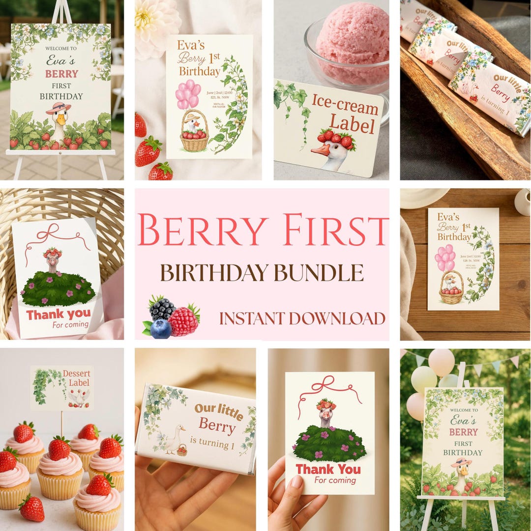 Girl Birthday Invitation Bundle for 1st Birthday Strawberry Invite ...