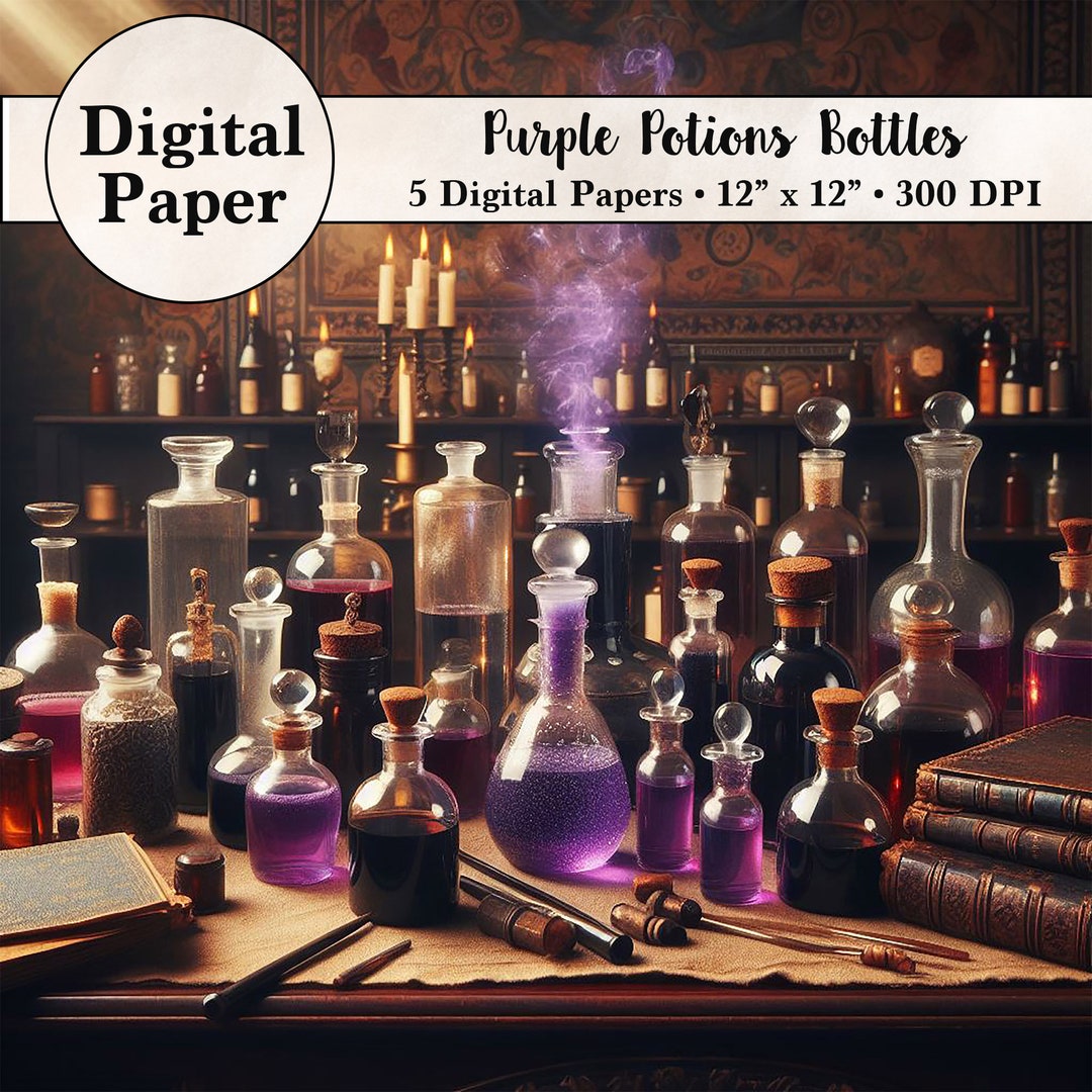 5 Wizard Digital Papers - Purple Potions Bottles - Instant Digital ...