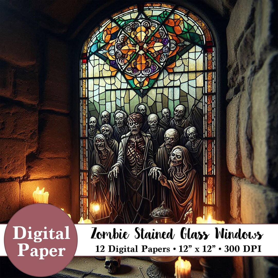 12 Digital Papers - Zombie Stained Glass Castle Windows - Instant ...