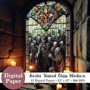 12 Digital Papers - Zombie Stained Glass Castle Windows - Instant ...