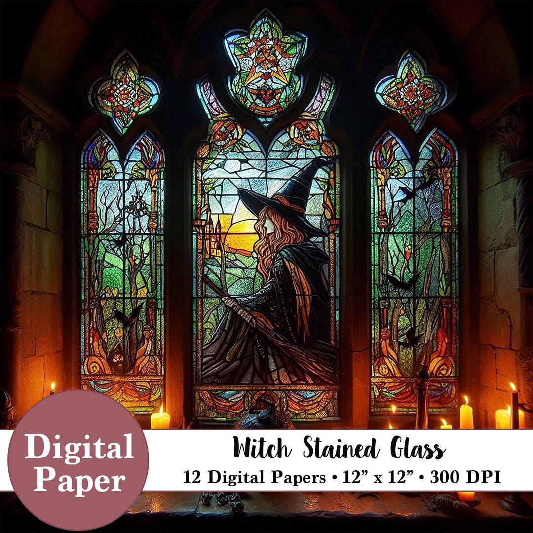 12 Digital Papers - Witch Stained Glass Castle Windows - Instant ...