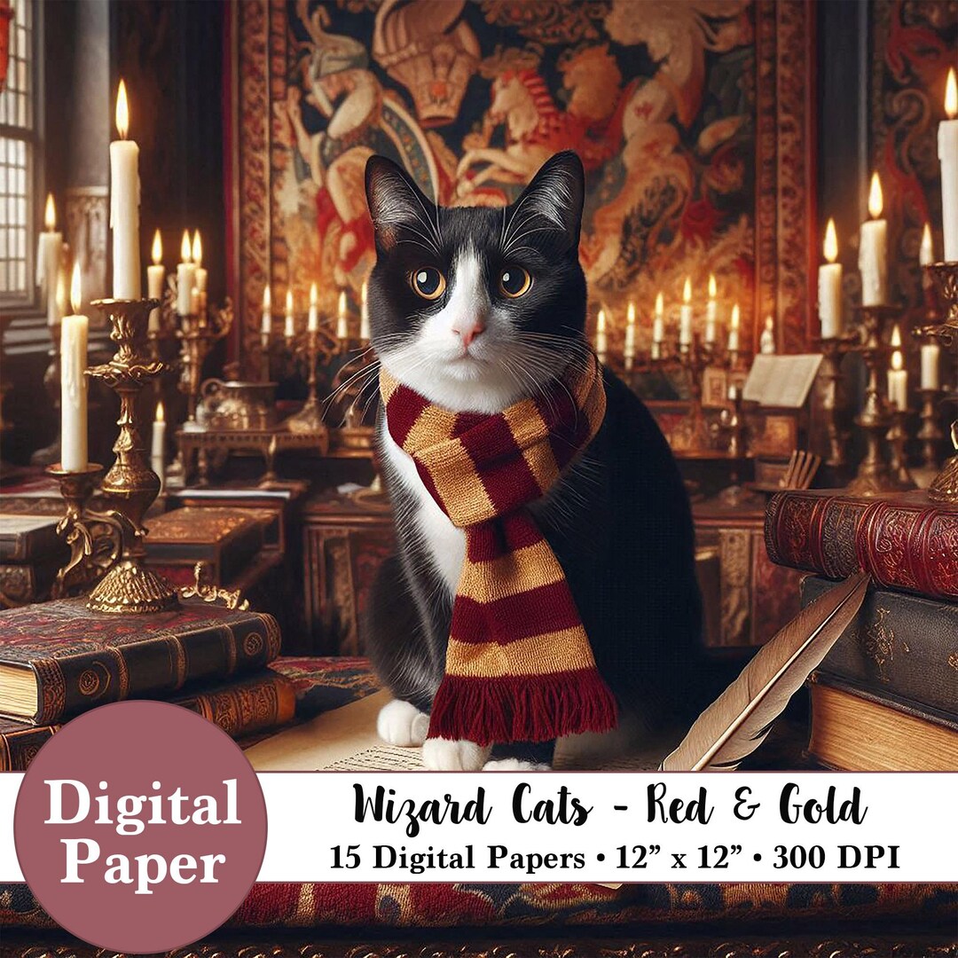 15 Wizard Digital Papers - Wizard Cats With Red and Gold House Colors ...