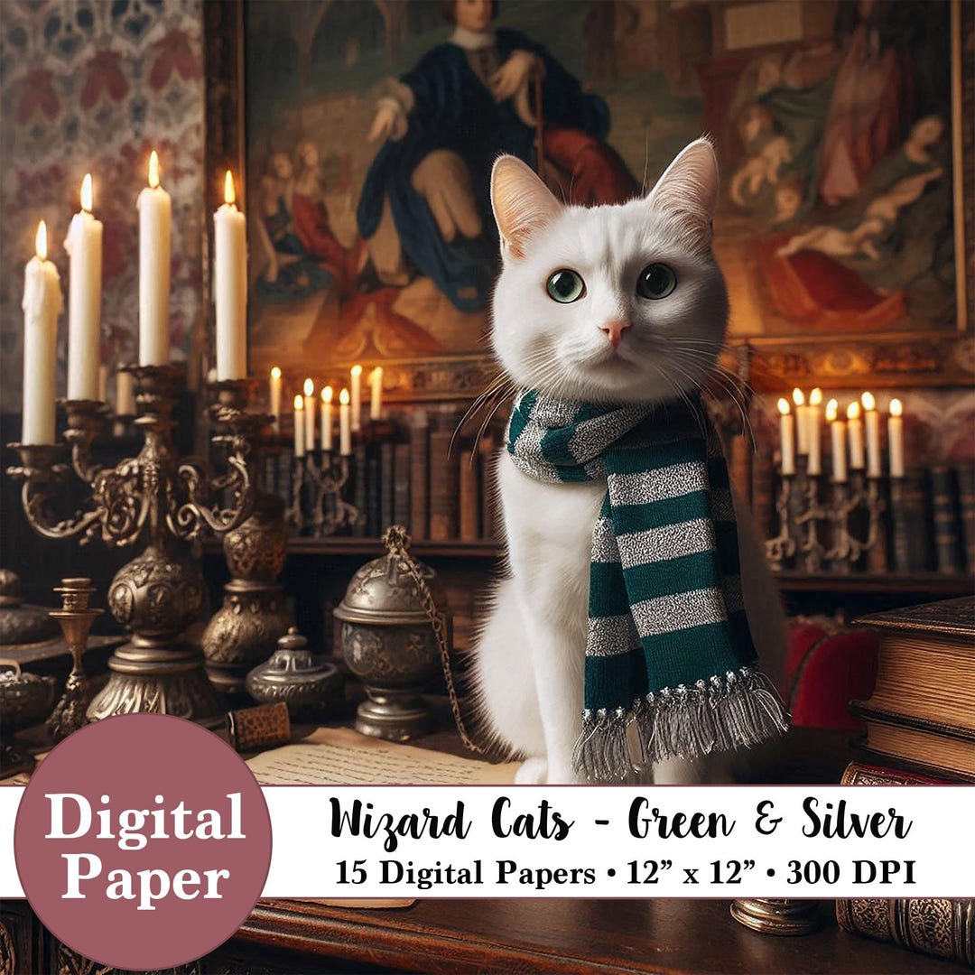 15 Wizard Digital Papers - Wizard Cats With Green and Silver House ...