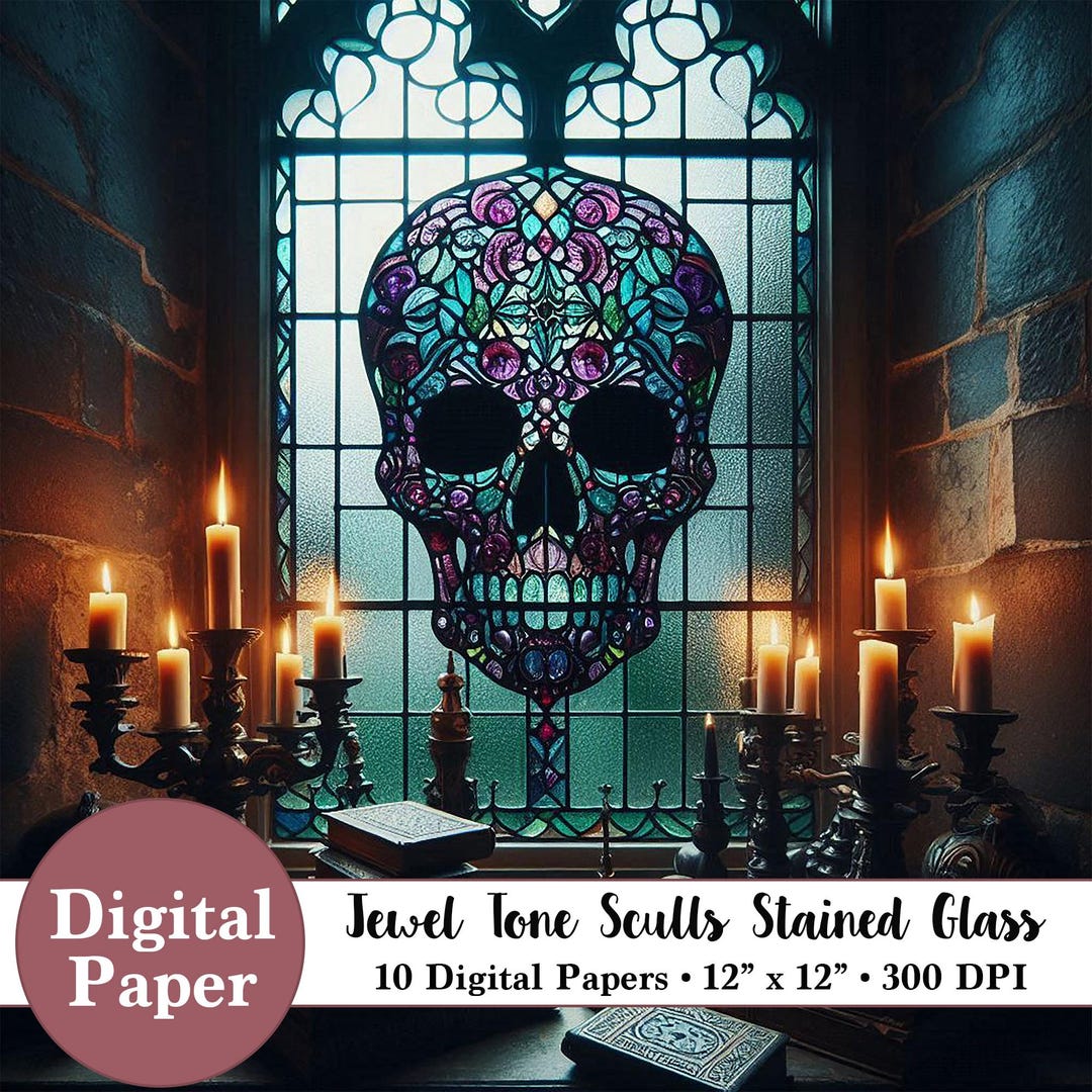 10 Digital Papers - Jewel Tone Scull Stained Glass Castle Windows ...