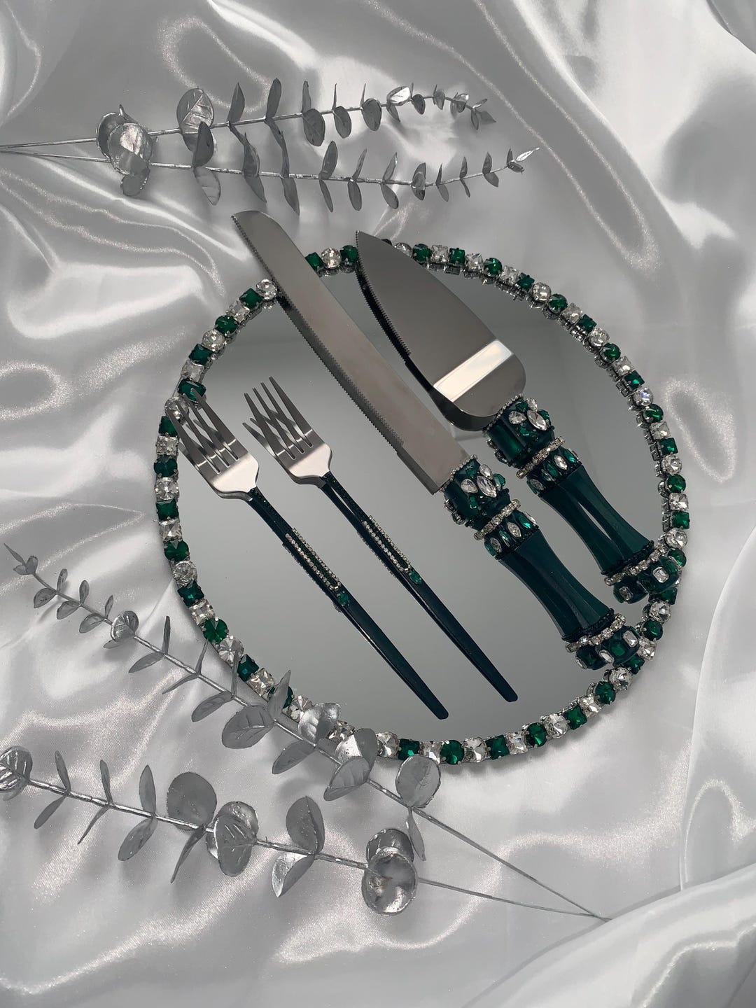 Emerald Green Crystal Cake Server Set: Mirrored Bridal Knife & Forks - Etsy