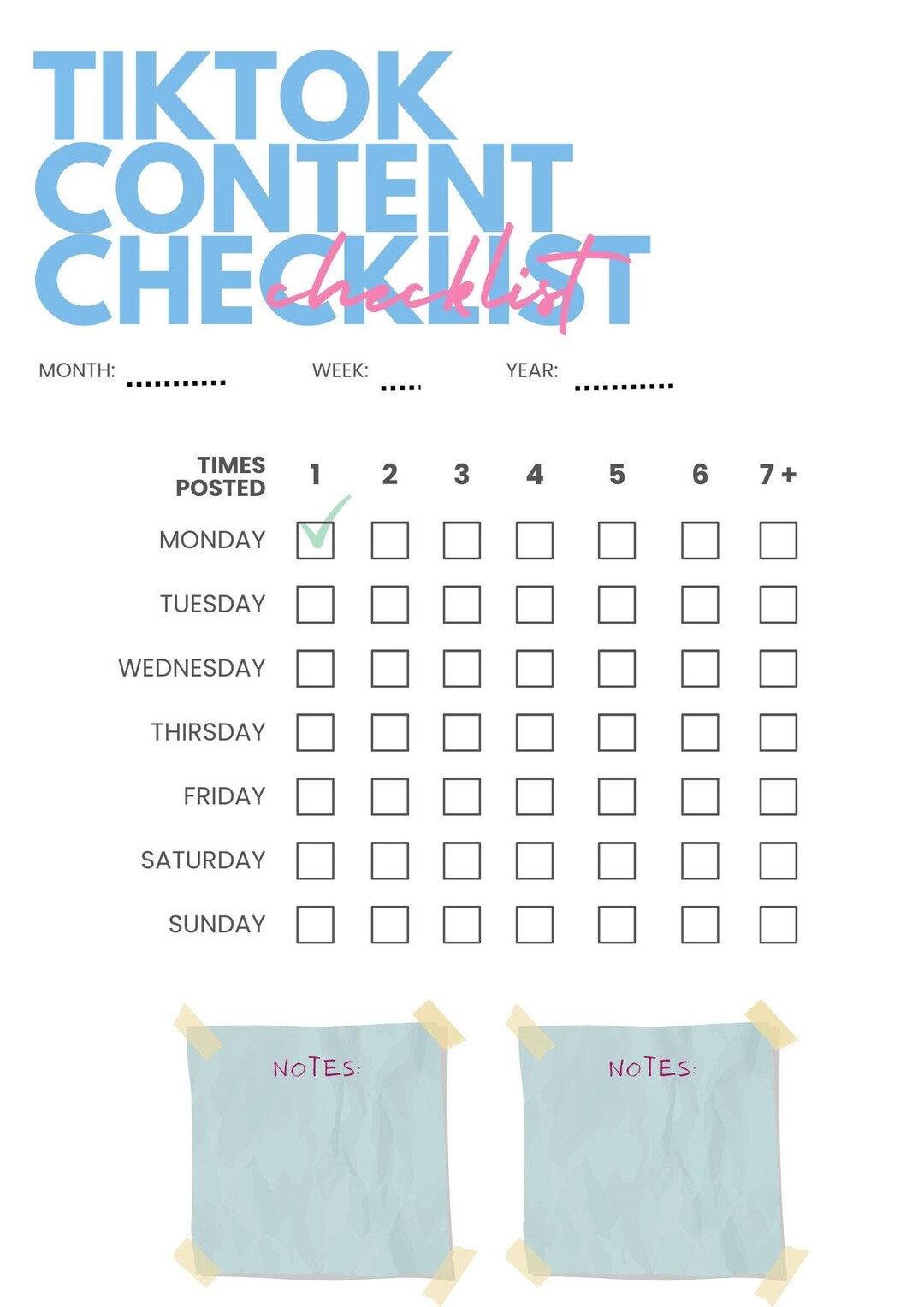 Printable or Digital TIKTOK Calendar - Track Your Daily Posts - Etsy